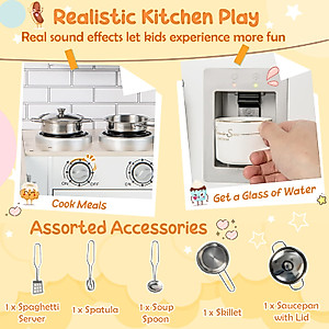 Costzon Kids Corner Kitchen Playset, 8-in-1 Wooden Play Kitchen Toy Set w/Realistic Microwave, Oven, Stove, Refrigerator, Water Dispenser, Range Hood, Utensils, Sink, Pretend Cooking Set for Toddlers