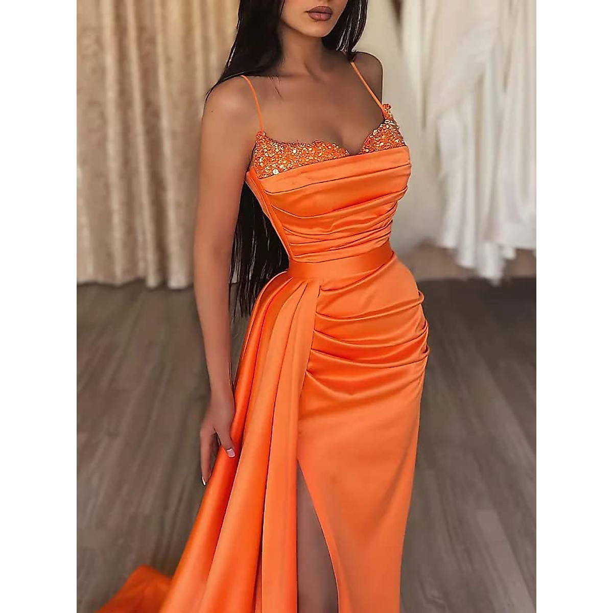 Princess Glitter Prom Dresses for Women with Train Mermaid Sequin Ruffled Satin Evening Formal Gowns Wisteria Size 8