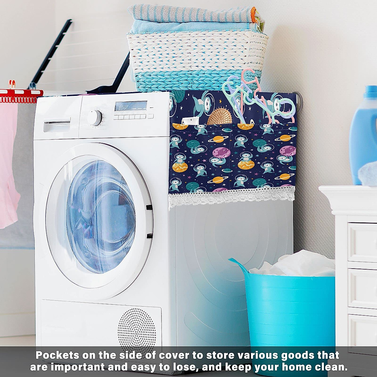 Kigai Cute Sloth Space Star Washing Machine Cover, Top Load Washer Dryer Fabric Cover with Storage Bags for Home Appliances Dust Proof Covers for Refrigerator Oven