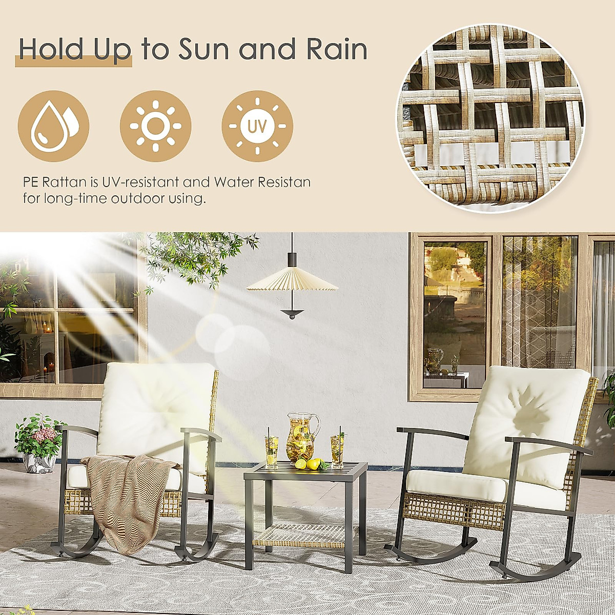 SDMY Rocking Bistro Set, Outdoor Wicker Furniture Sets, Patio Conversation Furniture Set with 2 Rockers and 1 Metal Coffee Table with Thick Cushions, Poolside, Garden, White