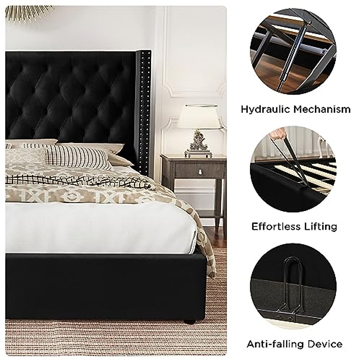 PaPaJet Lift Up Storage Bed Queen Size Upholstered Platform Bed Frame Button Tufted Wingback Headboard Hydraulic Lifting Storage Underneath/Wood Slats Support/Easy Assembly/Black