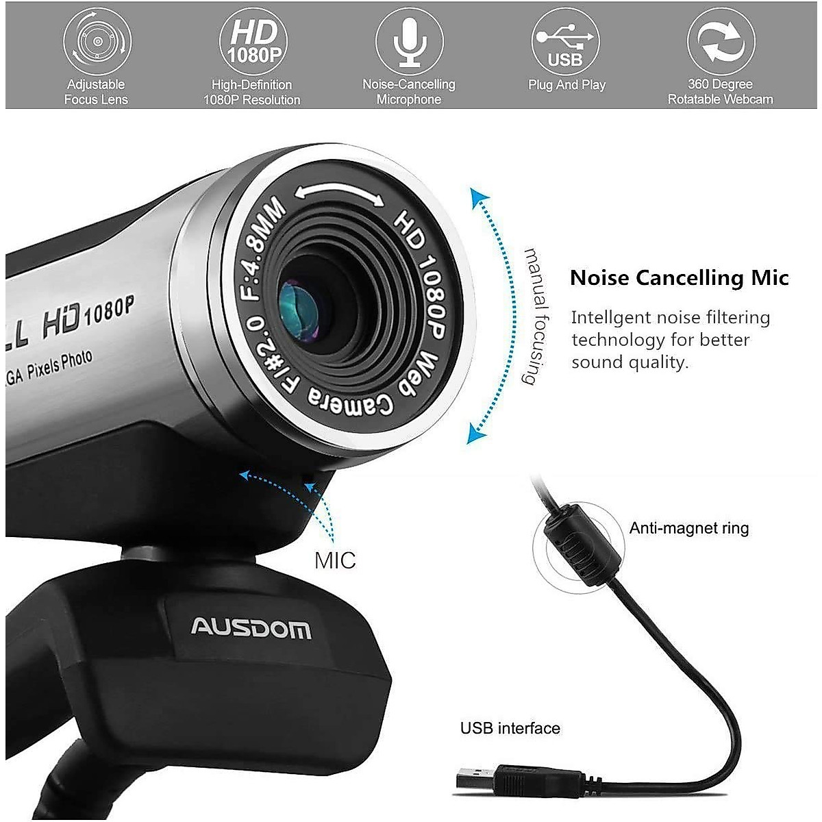 AUSDOM HD Webcam 1080P with Microphone, USB Desktop Laptop Web Camera 12.0MP, Auto Exposure, Pro Streaming Computer Camera for Laptop/Desktop/Skype/FaceTime/YouTube/Yahoo Messenger/Zoom