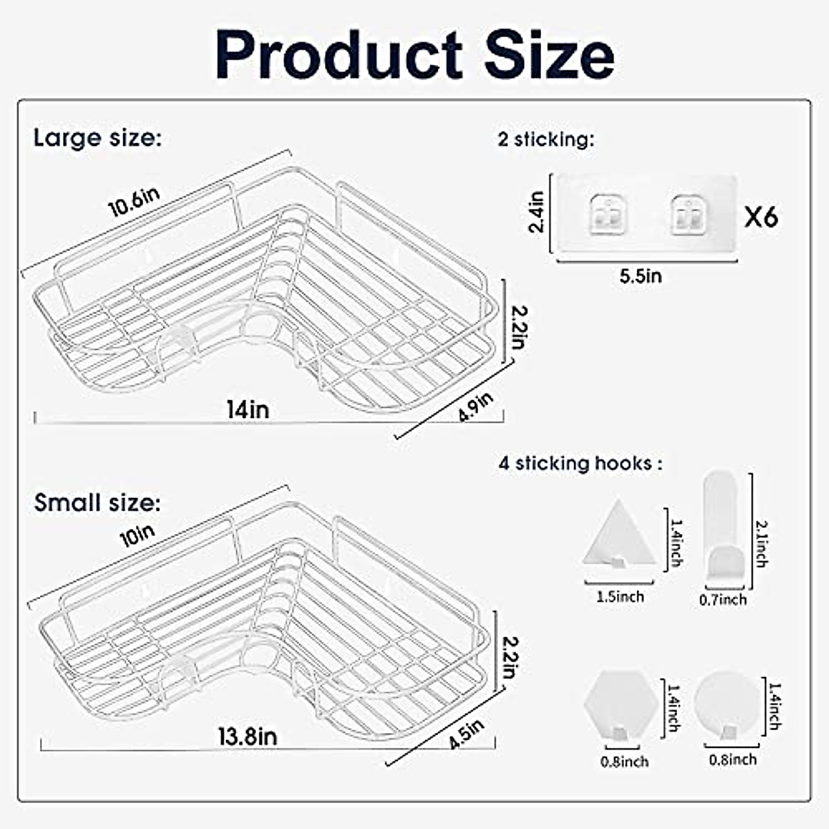 Huryfox Corner Shower Caddy Bathroom Organizer Shower Shelf with Hooks, Adhesive Shower Shelves, Wall Mounted Shampoo Holder, 2 Pack Shower Racks for Inside Shower, White