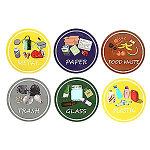 Set 6 Recycle Sticker for Trash Can Bins, Waterproof Anti-UV Strong Adhesive, Signs Decals Paper Glass Plastic Metal Trash Food Waste - Diam. 3.86"