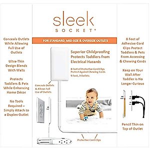 Sleek Socket No Shock Child Protector, Outlet & Plug Concealer with Protective Cord Clips, 8-Foot Flat Extension Cord with Multiple Outlets, Baby Proofing Outlet Cover, No Access To Dangerous Cords