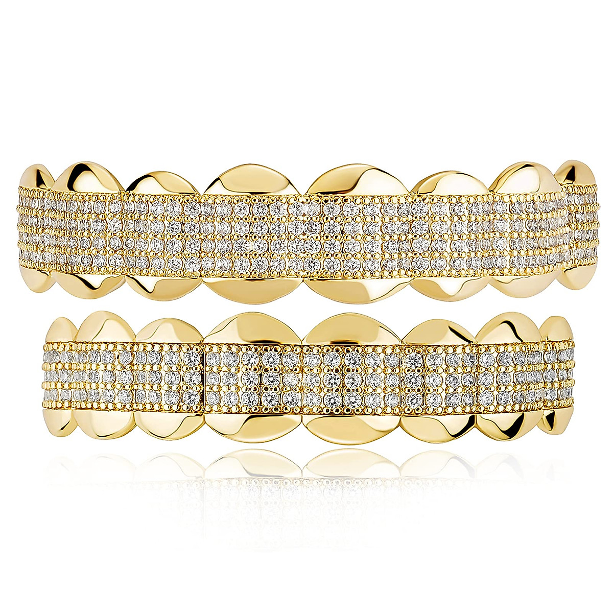 JINAO Hip Hop 4 Rows 8 Top Teeth 3 Rows 8 Bottom Tooth Grillz 14K Gold Plated Iced Out Cubic Zirconia Diamond Mouth Grills for Men and Women(Gold)