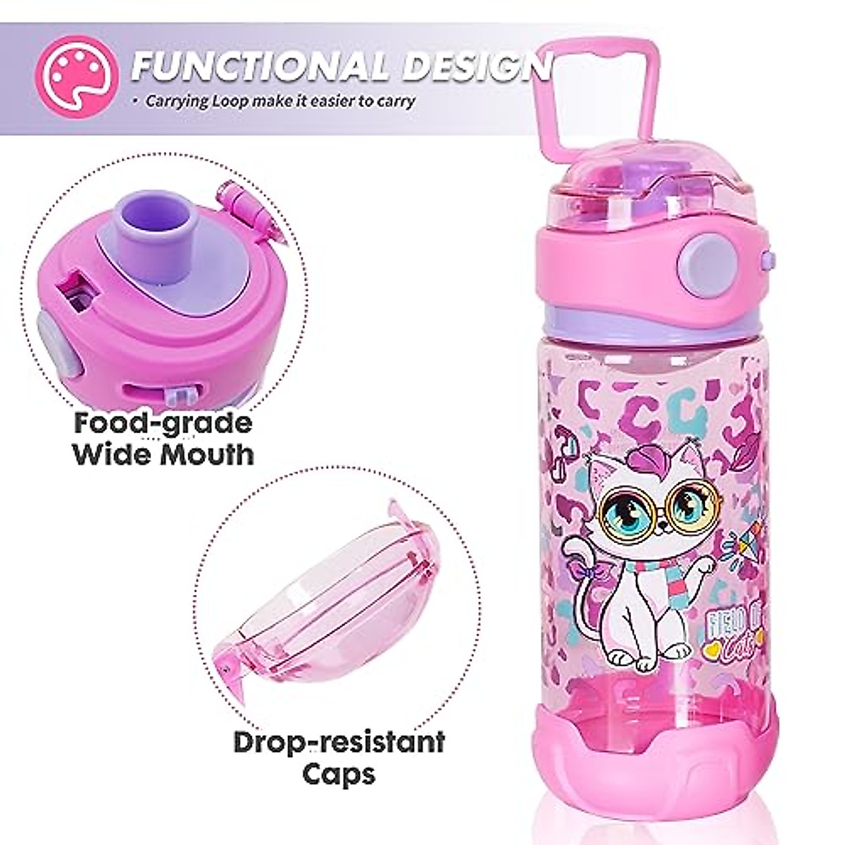 YOYTOO Kids Water Bottle for School Kids Girls, 20oz BPA Free Child Drinking Water Bottle One-Click-Open Leak-Proof Locking Flip Lid for School Sport Travel (Cat-20oz)