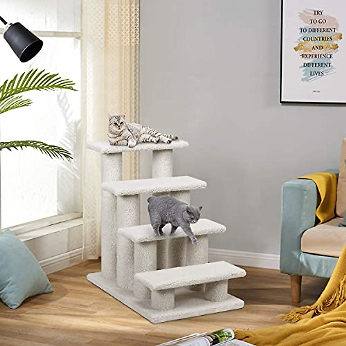 Tangkula Pet Stairs for Cats and Dogs, 4-Step Carpeted Ladder Ramp Cat Climber Cat Scratching Post, Multi-Step Dog Stairs for High Beds, Couch (Grayish White)