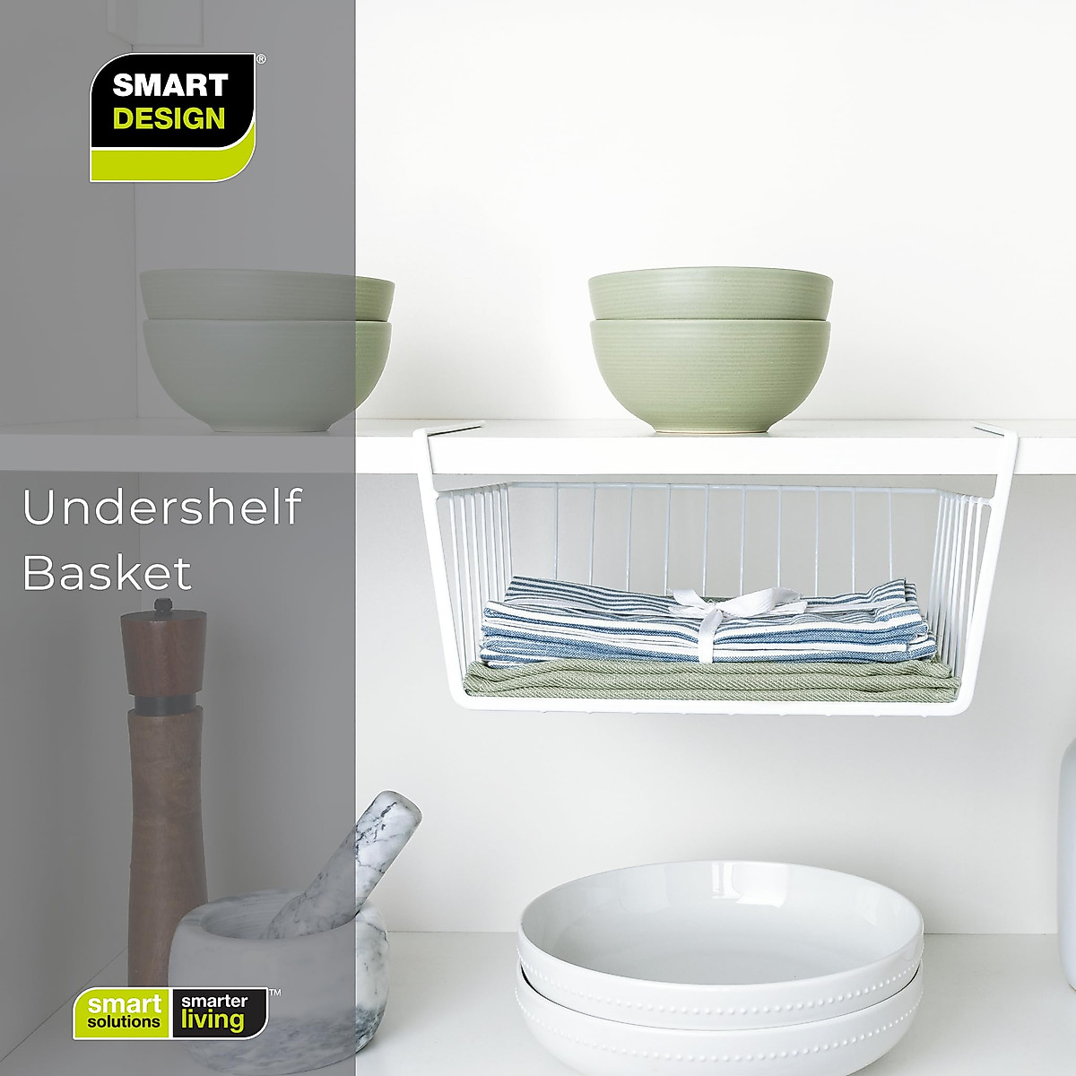 Smart Design Undershelf Storage Basket - Small - Snug Fit Arms - Steel Metal Wire - Rust Resistant Finish - Cabinet, Pantry, Shelf Organization - Kitchen (12 x 5.5 Inch) [White]