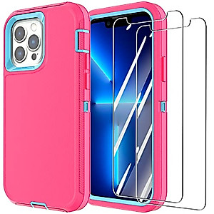 Annymall for iPhone 13 Pro Max Case with 2 Screen Protector Heavy Duty Shockproof Dropproof 3-Layer Protective Full Body Rugged Military Phone Cover for Apple iPhone 13 Pro Max (Pink/Blue)