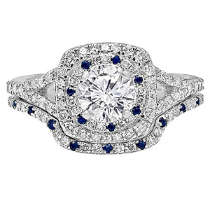 Dazzlingrock Collection 6.5 mm Center Round Moissanite, Blue Sapphire & White Diamond Bridal Split Shank Engagement Ring Set, 14K White Gold, Size 8