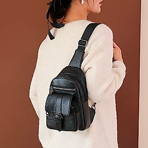 RUIVE Men And Women Chest Bag Sling Bag Small Crossbody PU Leather Satchel Daypack Fashion Shoulder Strap (Black, One Size)