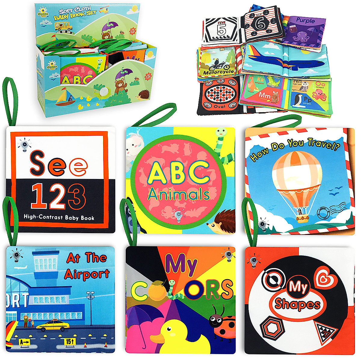 Spruce Lab Educational Soft Baby Books - 6 Cloth Book Set - Early Learning Sensory Development for Babies - Crinkle Touch and Feel Toddler Toy - High Contrast Infant Toys - Boy/Girl Baby Shower 0-2 yr