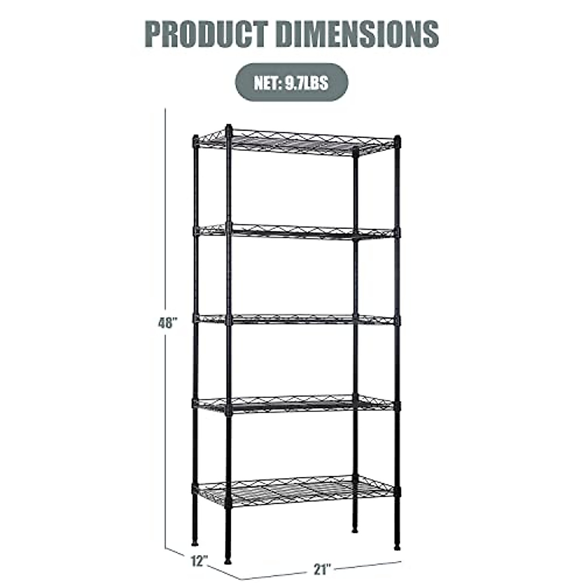 NChanmar 5-Tier Metal Shelving Unit Storage Shelves Metal Shelves 48"x21"x12" Heavy Duty Metal Storage Rack Wire Rack NSF Height Adjustable for Home Kitchen Bathroom Garage Shelving(Black)