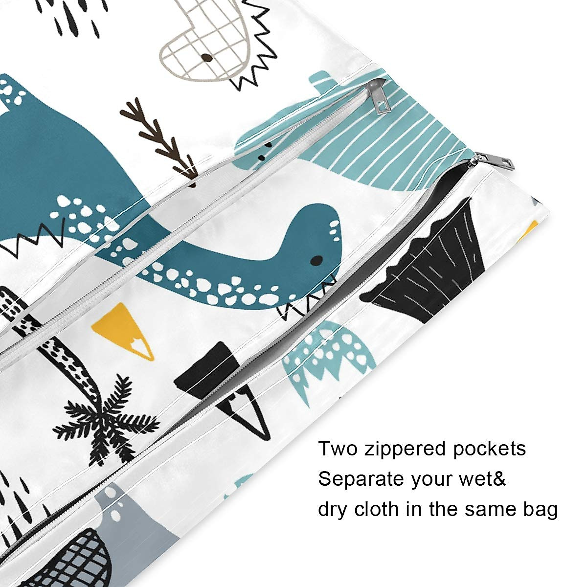 Waterproof Wet Dry Bag 2 Pack Cute Animal Cartoon Dinosaur Cloth Diaper Bag Organizer Pouch Set with Zipper Pocket Washable Wet Bag for Travel Hiking Swimsuit