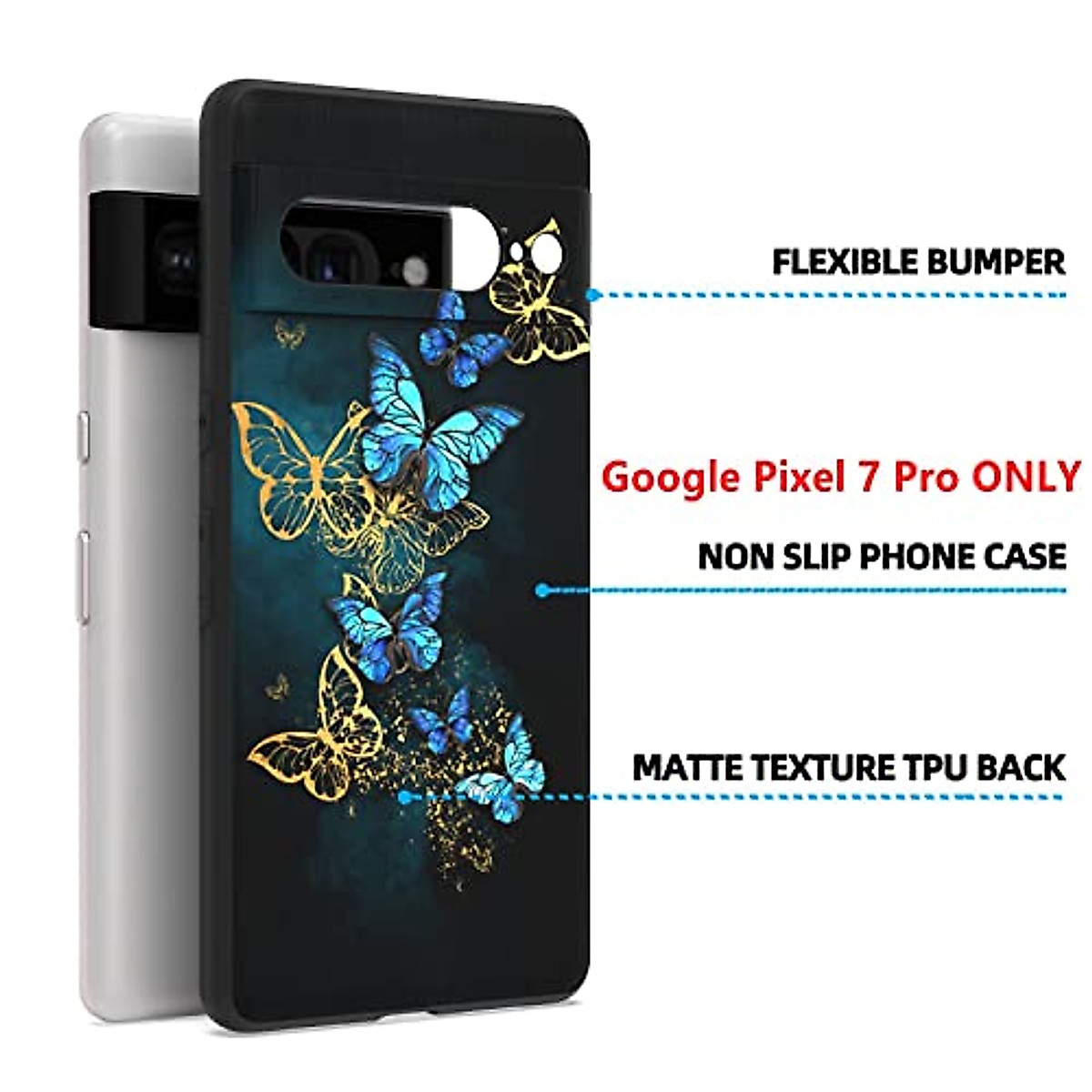 NKase for Google Pixel 7 Pro Case 2022, Google Pixel 7 Pro Case Full Body Matte Soft TPU Flexible Non Slip Bumper Shockproof Protective Pixel 7 Pro Phone Case, Gold/Blue Butterfly