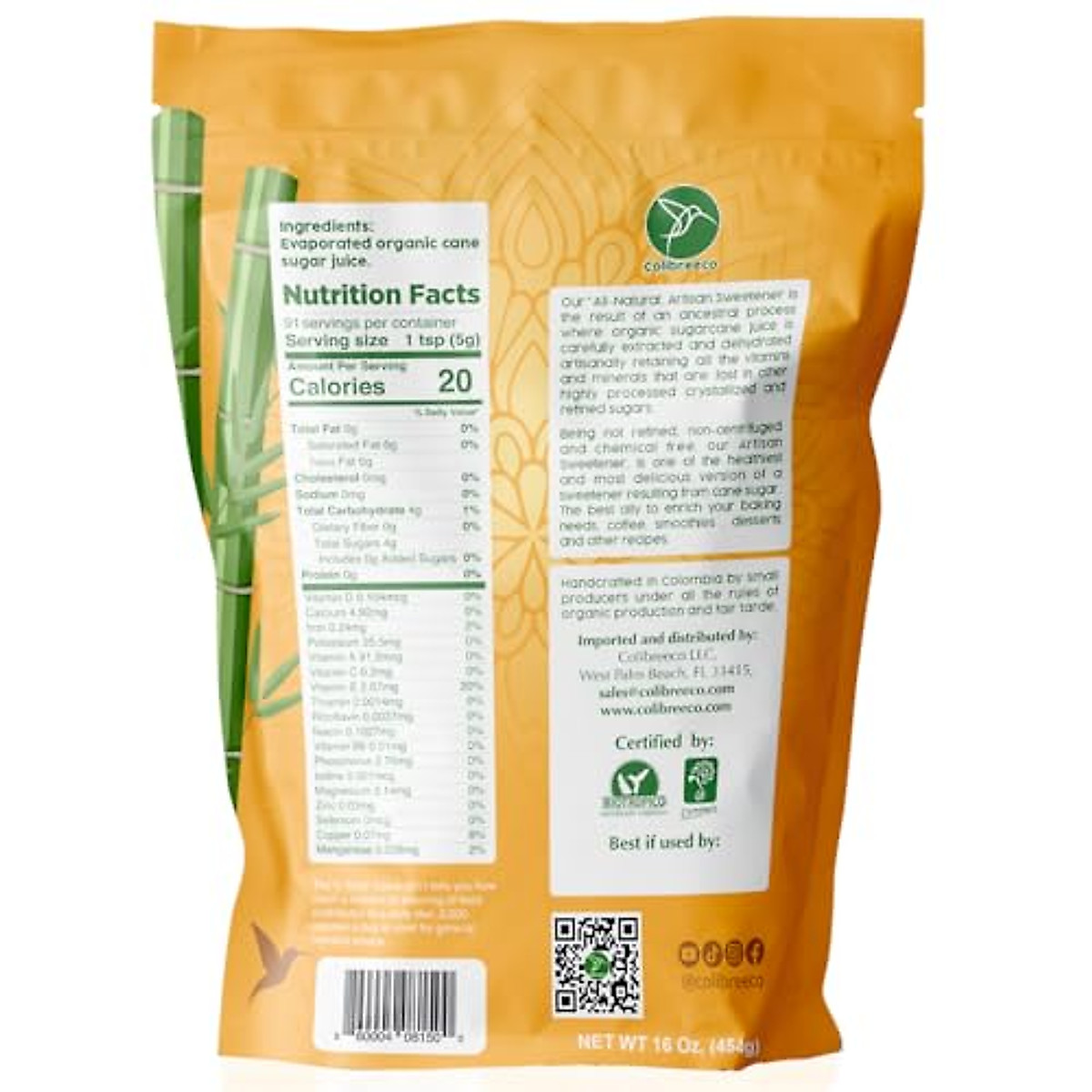 Colibreeco, Unrefined Cane Sugar, 1 Pound (Pack of 1): Sweeten your Drinks and Recipes With Powder Organic Cane Sugar, Naturally Sweet and Chemical-Free, Panela, Piloncillo, Jaggery, Raw Sugar.