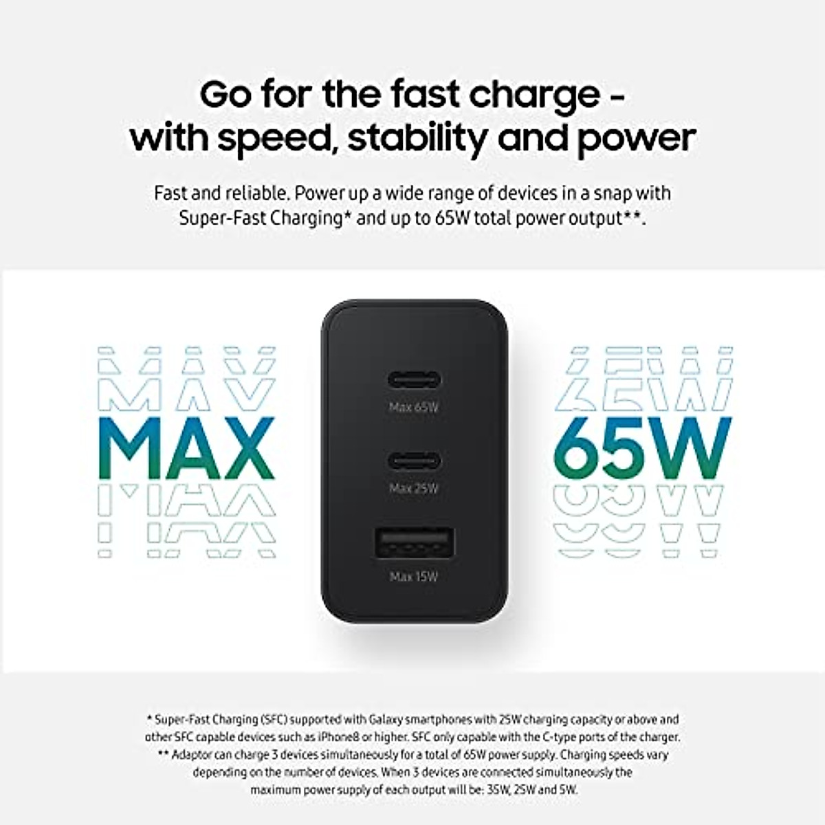 Samsung 65W 3-Port Super Fast Charging Wall Charger, 1x USB-C 65W, 1x USB-C 25W, 1x USB-A 25W, Max capacity 65W (Cable not included), Black, US version