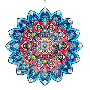 Exhart 3D Mandala Wind Spinner, Laser-Cut, Metal Garden Spinner w/Crystals, Hanging Yard Decor, 12 inches