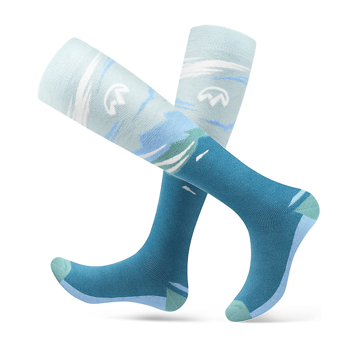 OutdoorMaster Ski Socks, 2-Pair Pack Skiing and Snowboarding Thermal Socks for Women with Over the Calf Design w/Non-Slip Cuff, Mountain Patterns - Ocean Blue,M/L