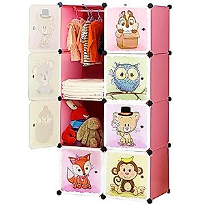 BRIAN & DANY Portable Cartoon Clothes Closet DIY Modular Storage Organizer, Sturdy and Safe Wardrobe for Children and Kids, 6 Cubes&1 Hanging Sections, 30% Deeper Than Standard Version, Red