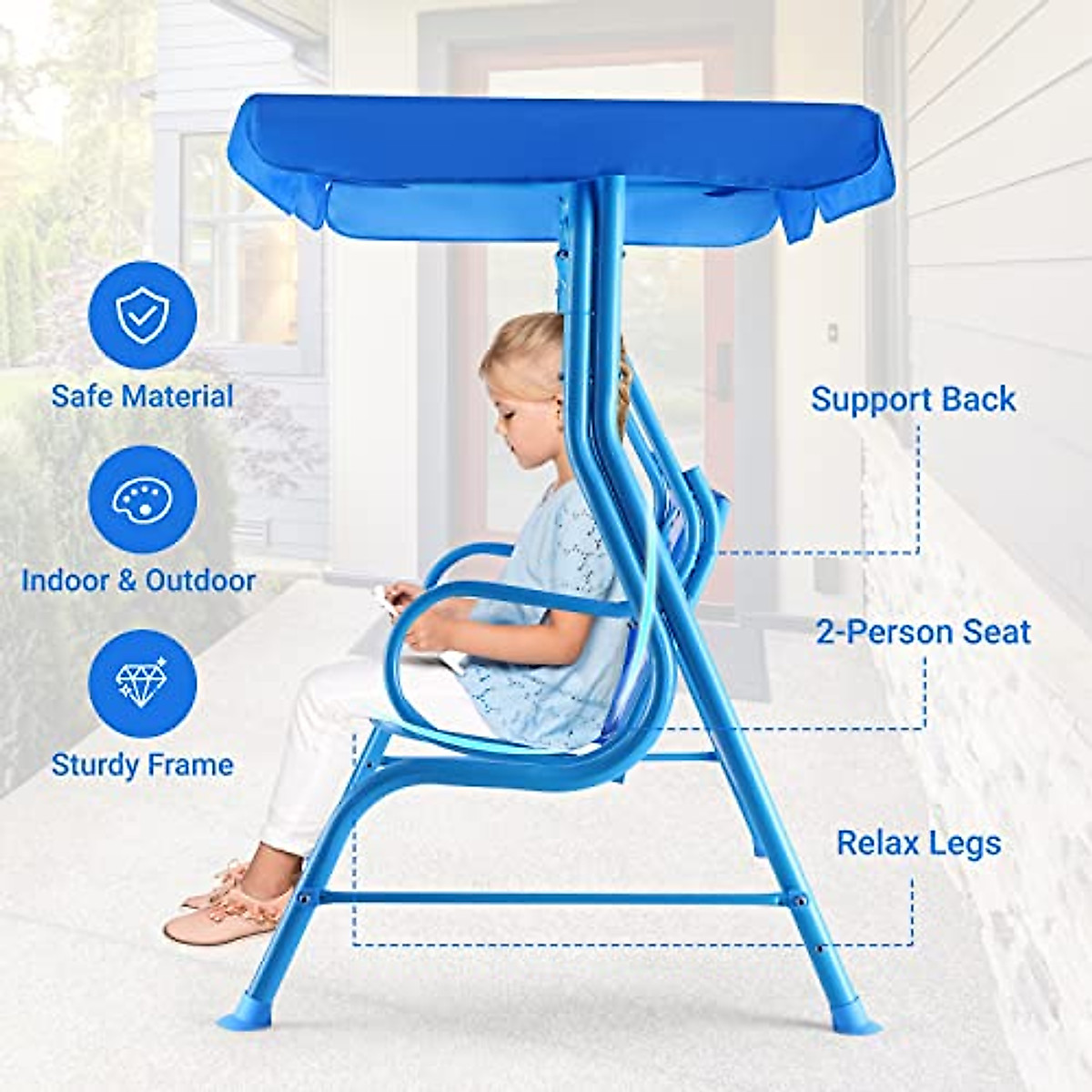 Costzon Patio Swing, All-Weather Porch Swing w/ Safety Belt, 2 Seats Outdoor Lounge Chair Hammock w/ Removable Canopy, Outdoor Swing Bench for Backyard Lawn Garden (Puppy Pattern, Blue)