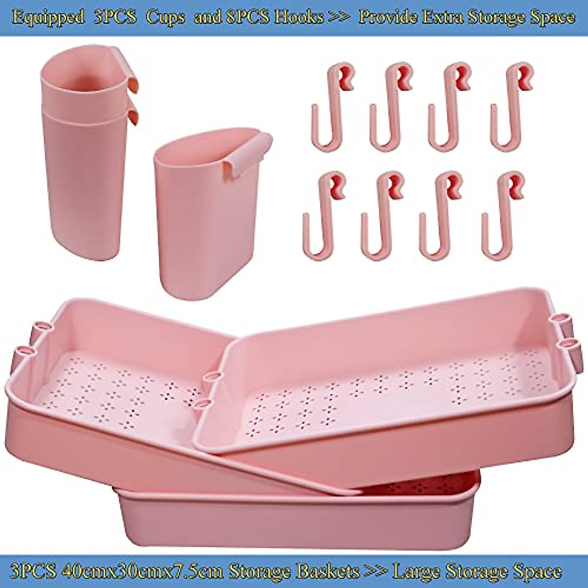 Piowio 3 Tier Utility Rolling Cart Multifunction Organizer Shelf Storage Cart with 3 Pieces Cups and 8 Pieces Hooks for Home Kitchen Bathroom Laundry Room Office Store etc. (Pink)