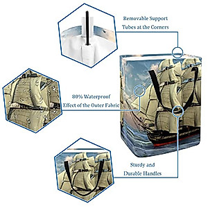 Sailing Shits in Ocean Print Collapsible Laundry Hamper, 60L Waterproof Laundry Baskets Washing Bin Clothes Toys Storage for Dorm Bathroom Bedroom