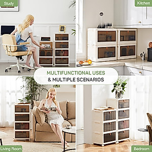 Aidoly 4-Tier Stackable Plastic Storage Bins with Lids, 23QT Foldable with Magnetic Doors and Lockable Wheels, Portable Collapsible Closet Organizer Boxes for Living Room, Bedroom, Dorm, Home Office