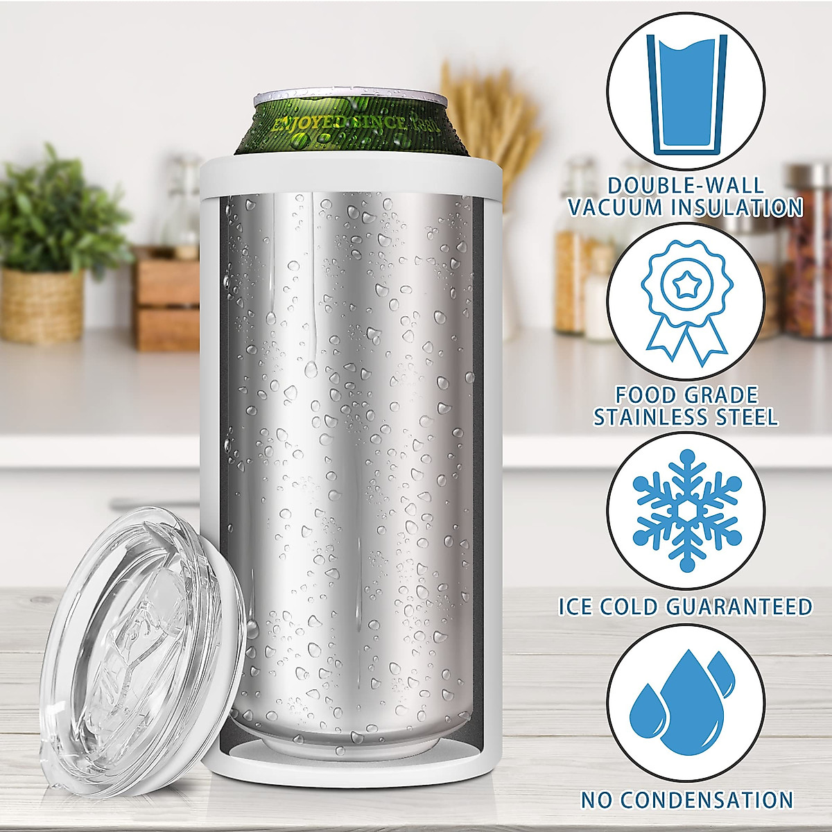 4 in 1 Skinny Can Cooler for Slim Bottle &amp; Hard Seltzer, Bonus Mom Gifts, White Insulated Stainless Steel Tumbler with Lid, Non-slip, Doucle-Walled Vacuum, Leak Proof Cool Drink Holder