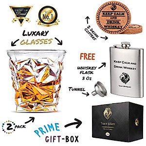 Vaci Crystal Whiskey Glasses – Set of 2 Bourbon Glasses, Tumblers for Drinking Scotch, Cognac, Irish Whisky, Large 10oz Premium Lead-Free with Stainless Steel Flasks, Cups, Luxury Gift Box