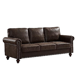 OMMGG Mid-Century Faux Leather Sofa with Tufted Cushions, Modern 3 Seat Upholstery Couch w/Armrest and Wooden Legs, for Living Room, Apartment, Small Spaces, Office, 81, Dark Brown