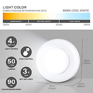 STAR-SPANGLED Push Tap Light, 2.8” Mini Night Touch LED Puck Lamp, Portable Under Cabinet Lighting AAA Battery Operated Powered, DIY Stick On Lights for Closet, Counter, Kitchen, Cool White, 5 Pack