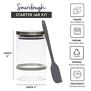 Alvina Collection Sourdough Starter Jar Kit (34 oz) - Large Sourdough Glass Jar w/SS Steel Lid, Spatula & Tracker Band - Dishwasher Safe, Wide Mouth Sourdough - Ideal Sourdough Starter Kit Beginners