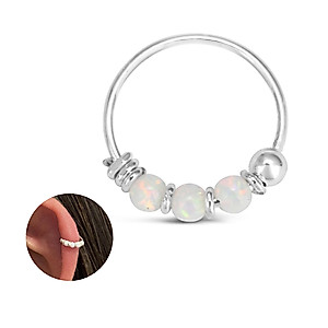 Handmade Silver Single 10MM Cartilgae Helix Piercing Hoop Earring with Trio White Opal, 925 Sterling Silver Very Small 10MM Thin 22 Gauge Hoop for women, By Miya Jewelry Creations