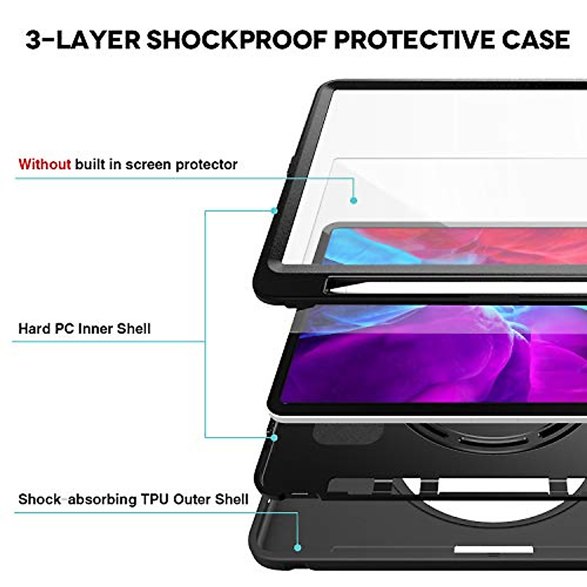 ProCase Rugged Case for iPad Pro 12.9 2020 2018 [Support Apple Pencil 2 Charging], Heavy Duty Kickstand Protective Cover for iPad Pro 12.9" 4th Generation 2020 / 3rd Gen 2019 -Black