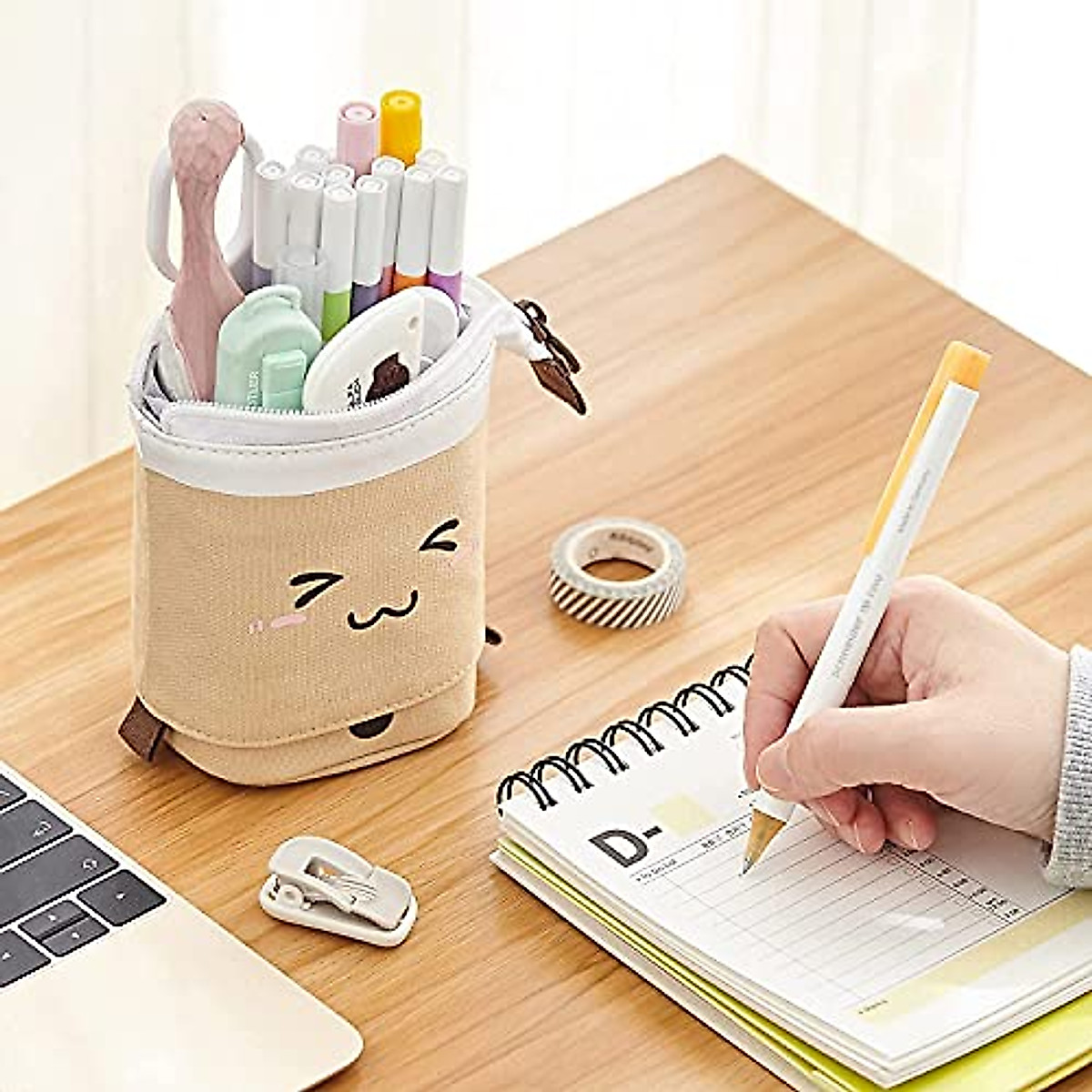 Pencil Case Standing Pen Holder Telescopic Makeup Pouch Pop Up Cosmetics Bag Stationery Office Organizer Box for Students Unsex Adults (Brown)