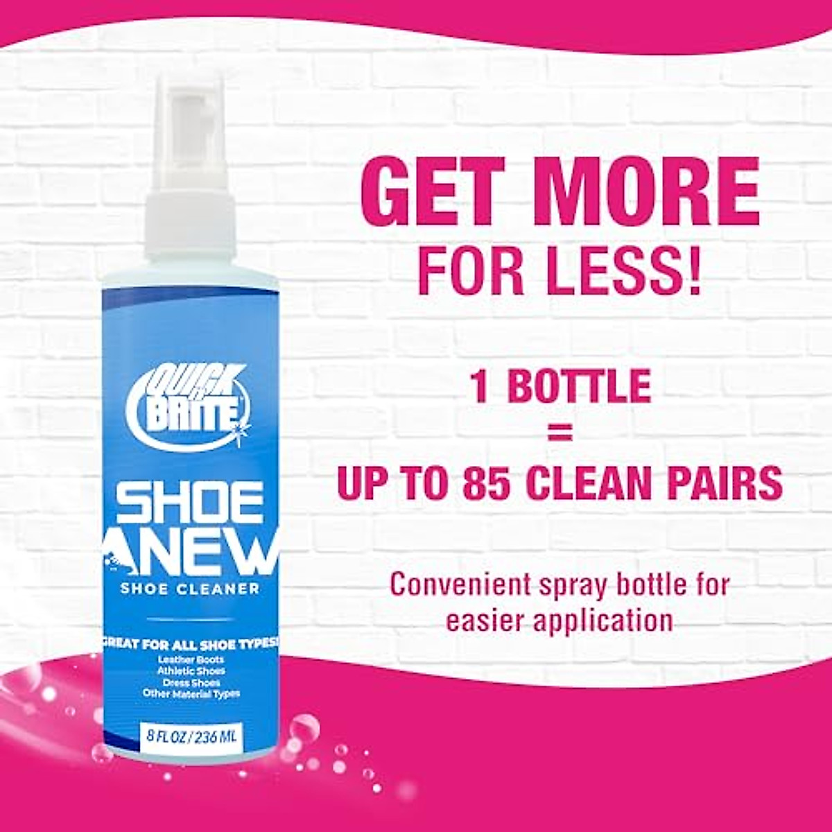 ShoeAnew Quick ’n Brite Cleaning Kit - Footwear Cleaner for All Shoe Types - Sneakers, Boots, Dress Shoes, Collectibles - 12 Ounce Bottle, Soft Bristle Brush and Premium Microfiber Cloth