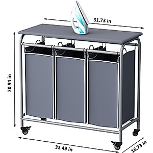 LINZINAR 3 Bag Laundry Basket Sorter Heavy Duty Rolling Lockable Wheels Laundry Hamper Cart with Ironing Board and Removable Bags, Grey