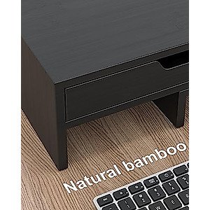 Epesoware Dual Monitor Stand Riser with Adjustable Length and Angle, Bamboo Computer Riser with 2 Extra Drawers, Desk Organizer for Laptop, Computer No Assembly Required