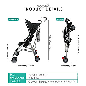 AmorosO Single Umbrella Stroller for Toddler, Travel Stroller for Babies - Sunlight and Light Rain Protection - Baby Stroller with Four EVA Wheels - Travel-Ready Stroller - Round Canopy (Black/White)