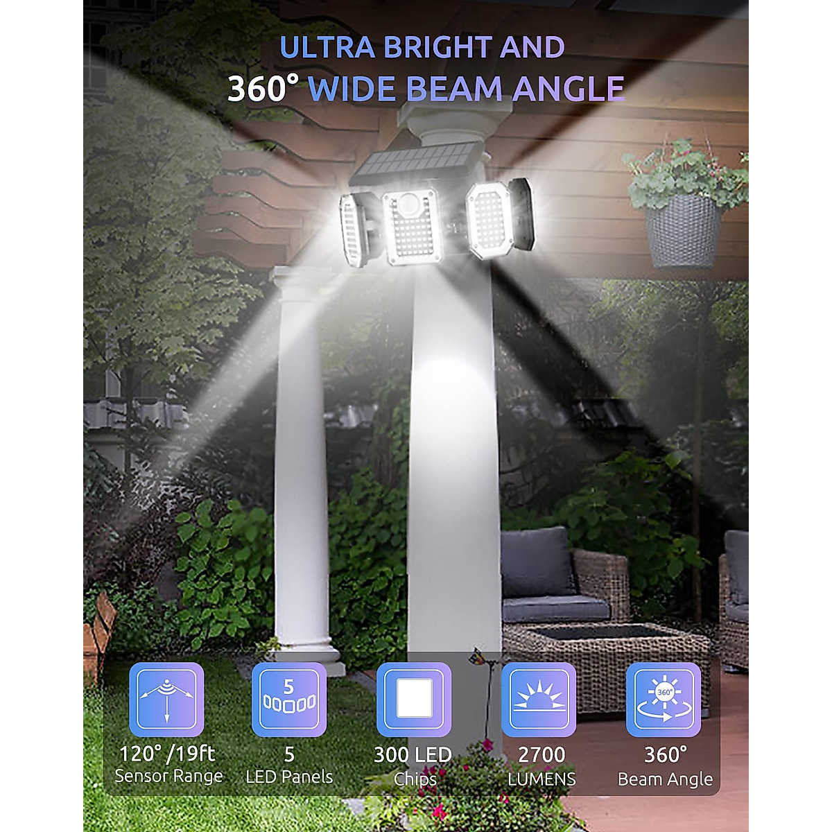 OTDLIGHT Solar Outdoor Lights, 300LED 2700LM 5 Heads Solar Powered Motion Sensor LED Security Light with Remote Control, IP65 Waterproof Floodlight, 360°Beam Angle Wall Lights for Garden Driveway