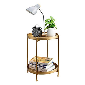 HollyHOME 2-Tier Round Metal End Side Table, Accent Anti-Rust Waterproof Simplistic Sofa Table, Modern Tray Outdoor&Indoor Folding Coffee Table, (D) 15.75" x(H) 20.47", Golden