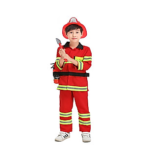 yolsun Fireman Costume for Kids, Boys' and Girls' Firefighter Dress up, Fire Fighter with Toy Accessories Set Halloween Role Play(Red,4-5 Years)