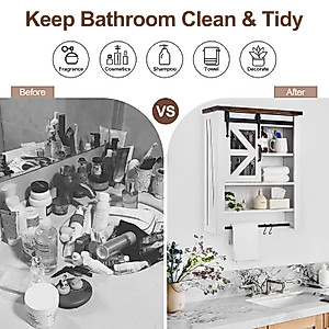 GAOMON Bathroom Organizer Cabinet, Over The Toilet Bathroom Cabinet with Towels Bar & Hooks, 3-Tier Over Toilet Cabinet with Sliding Barn Door for Bathroom Laundry Kitchen, Wall Mounted