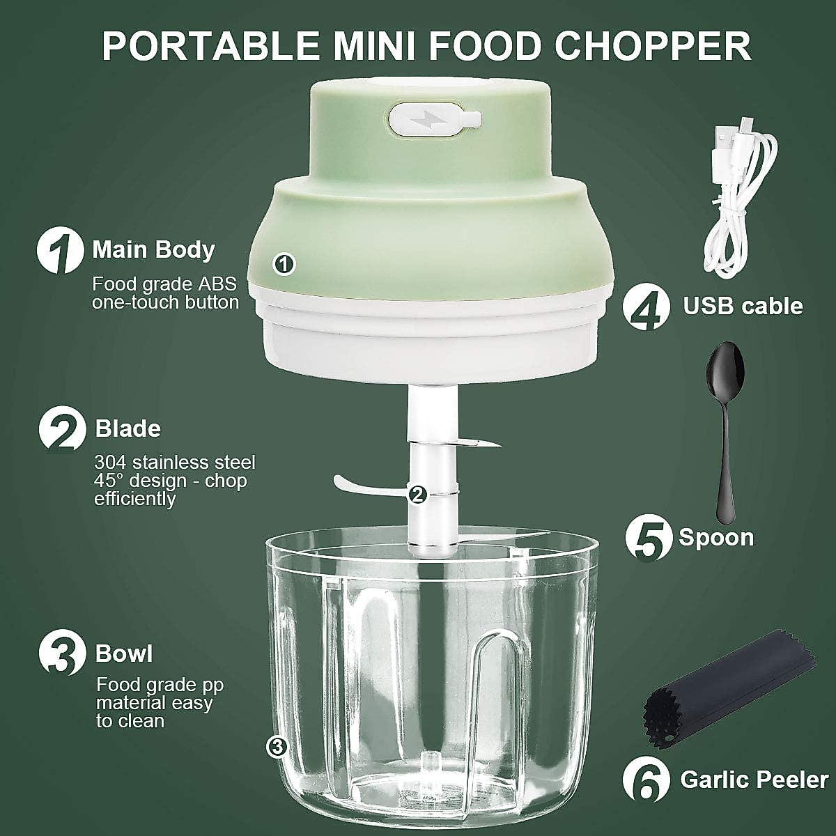 Electric Garlic Chopper Mini, Garlic Masher Mincer Crusher Pepper Chili Nuts Meat Grinder, Food Processor Small with Garlic Peeler And Spoon, 250ML/8.5FL OZ, Green