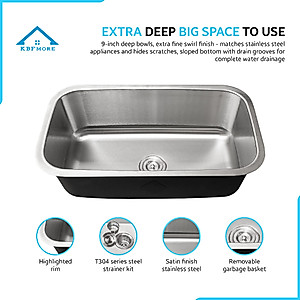 KBFmore 30 Inch Single Bowl 16 Gauge Undermount Classic Kitchen Sink, Swirl Finish Rust Resistant Sound and Heatproof Stainless Steel Sink with Sink Strainer and Bottom Sink Grid