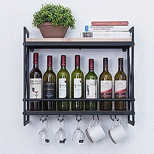OLDRAINBOW Industrial Wine Racks Wall Mounted with 6 Stem Glass Holder,Rustic Metal Hanging Wine Holder,2-Tiers Wall Mount Bottle Holder Glass Rack (Black, 23.6in)
