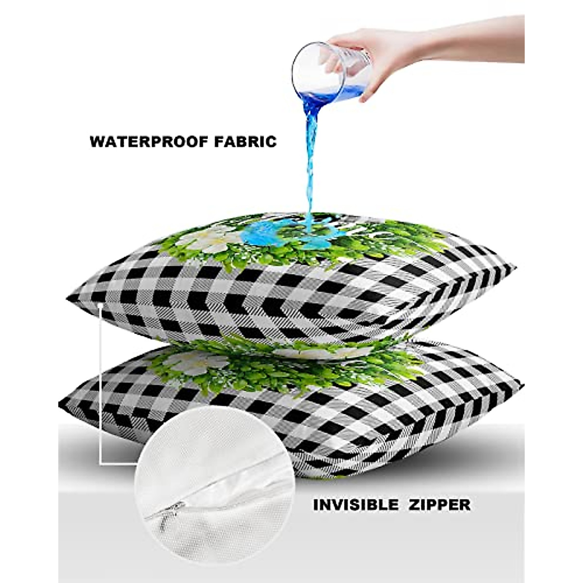 Outdoor Pillows 18x18 Waterproof Outdoor Pillow Covers Spring Green Wreath Boxwood Polyester Throw Pillow Covers Garden Cushion Decorative Case for Patio Couch Decoration Set of 2 Farmhouse Plaid