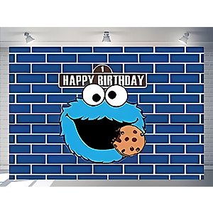 Backdrop, Cookie Monster for Birthday Party Decorations,Happy Birthday Banner Shoot Photo Backgrounds Props for Boys and Girls Party 7X5ft
